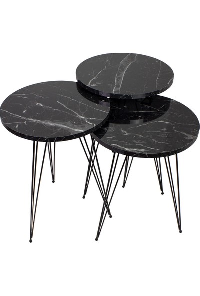 Pratico Mobilya Mermer Desenli 3'lü Metal Ayak Zigon Sehpa