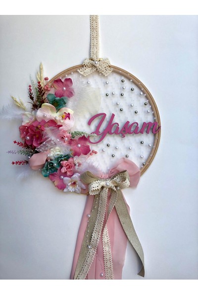 Lia Tasarım Boncuklu Pembe Çiçekli Kasnak İsme Özel Kapı Süsü Lia Tasarım Boncuklu Pembe Çiçekli Kasnak İsme Özel Kapı Süsü