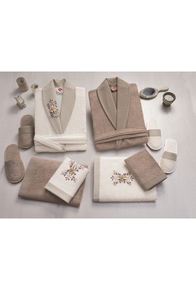 Cotton Box 3D Nakışlı Bambu Aile Bornoz Seti - Ekru Bej Cotton Box 3D Nakışlı Bambu Aile Bornoz Seti - Ekru Bej