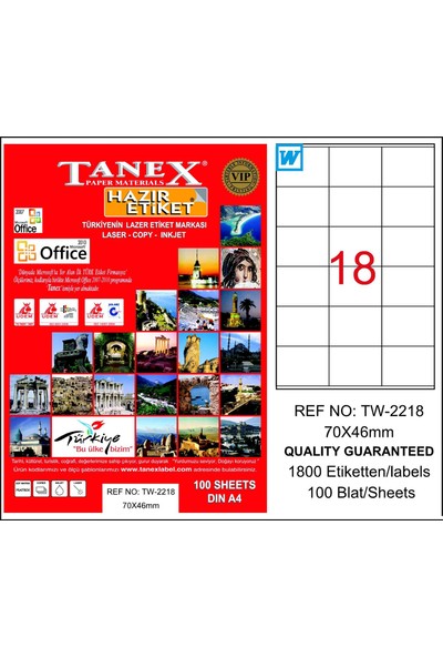 Tanex TW-2218 70x46 mm Laser Etiket 100 Ad. Tanex TW-2218 70x46 mm Laser Etiket 100 Ad.