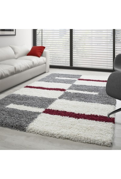 Ayyıldız Halı Desenli Shaggy Halı Kareli Ve Çizgili Motif 3 Cm Hav Yüksekliği Gri Bordo Beyaz Renkli 60X110 Cm