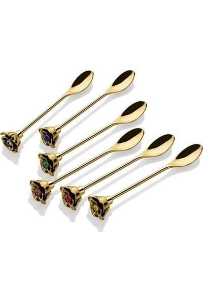 Cemile Altın Güllü Asortı Taşlı 6 lı Çay Kaşığı Seti 13 cm