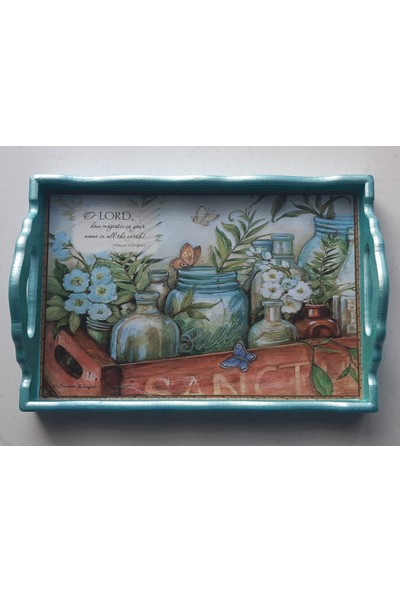 Mavi Yıldız Çiçekli Kavanoz Sandığı Ahşap Tepsi