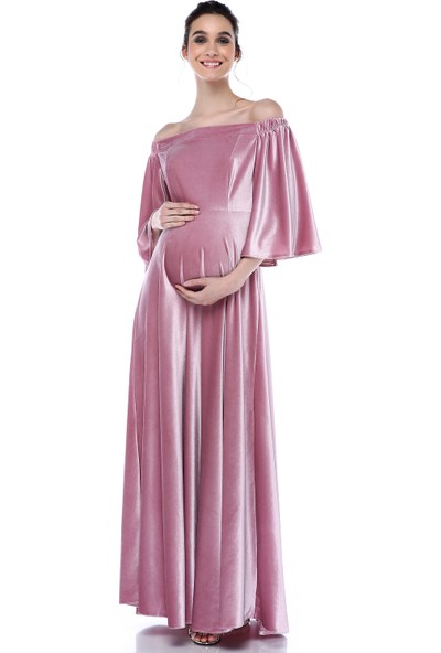 Moda Labio Düşük Omuz Kadife Pudra Hamile Elbisesi