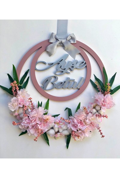 Lia Tasarım Pembe Çiçekli Gri Kurdelalı Bebek Oda Kapı Süsü