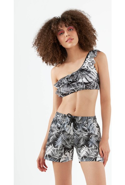NBB Siyah Beyaz Yaprak Desenli Deniz Şortu