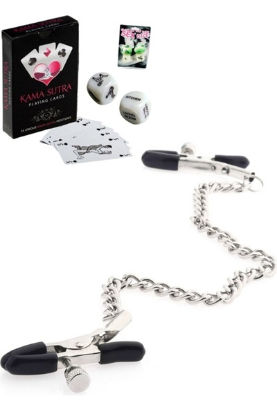 TSM Collection 3'lü Set Siyah Zincirli Göğüs Ucu Sıkıştırıcı Nipple Clamp Pozisyon Görselli Kamasutra Kartı ve Zar