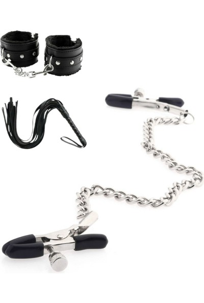 TSM Collection 3'lü Set Siyah Zincirli Göğüs Ucu Sıkıştırıcı Nipple Clamp Siyah Deri Fantezi Kırbaç ve Kelepçe