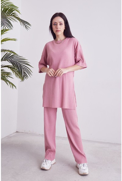 Lime Moda Kaşkorse Pantolon Takım-Pudra Lime Moda Kaşkorse Pantolon Takım-Pudra
