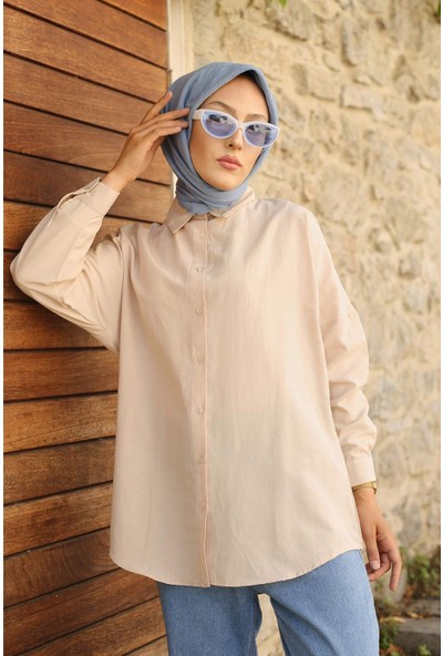 İmaj Butik Düğmeli Düz Gömlek/vizon İmaj Butik Düğmeli Düz Gömlek/vizon