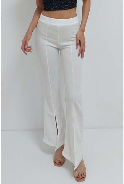 Daha Yok Mu Yırtmaçlı Ispanyol Paça Pantolon Beyaz L-Beyaz