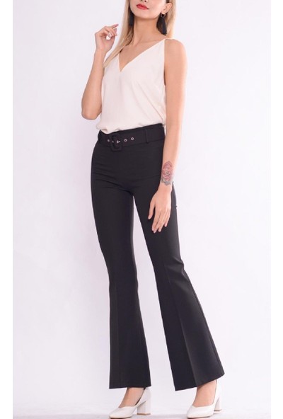 Daha Yok Mu Kemerli Ispanyol Paça Pantolon Siyah 42-42-Beden Daha Yok Mu Kemerli Ispanyol Paça Pantolon Siyah 42-42-Beden