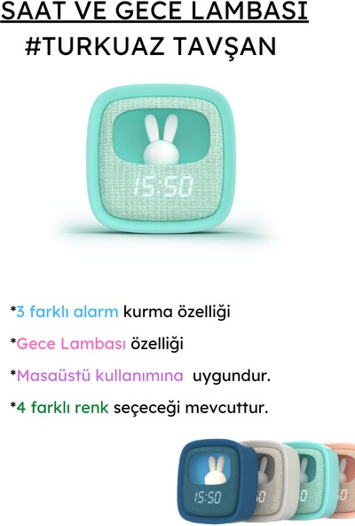 Turkuaz Tavşan Çocuk Odası Saati ve Gece Lambası Turkuaz Tavşan Çocuk Odası Saati ve Gece Lambası