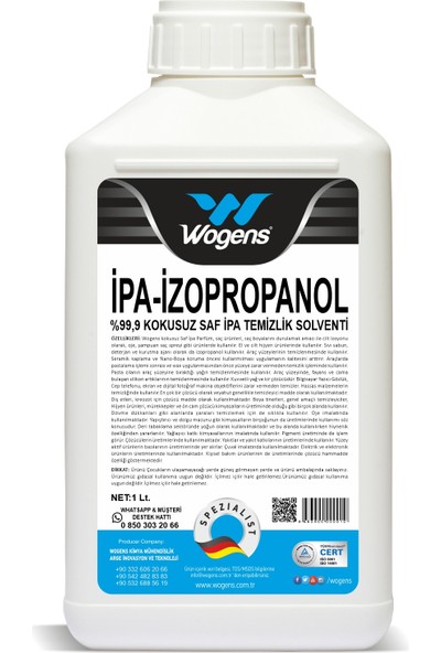 Wogens Saf Ipa Izo Propil Alkol %99,9 Kokusuz Temizlik Solventi 1 Lt. Wogens Saf Ipa Izo Propil Alkol %99,9 Kokusuz Temizlik Solventi 1 Lt.