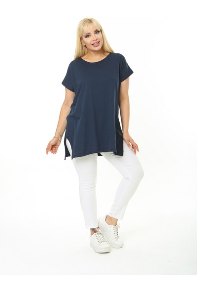 Butik Şımarık Kadın Büyük Beden Yandan Yırtmaçlı Pamuklu Kumaş T.shirt