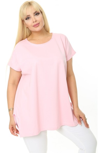 Butik Şımarık Kadın Büyük Beden Yandan Yırtmaçlı Pamuklu Kumaş T.shirt