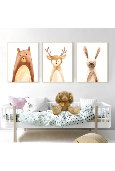 Kanvasnes Bebek Çocuk Odası Tablo, Çocuk Odası Tablo Nordic Ayı Geyik Tavşan 3'lü Çerçeveli Kanvasnes Bebek Çocuk Odası Tablo, Çocuk Odası Tablo Nordic Ayı Geyik Tavşan 3'lü Çerçeveli