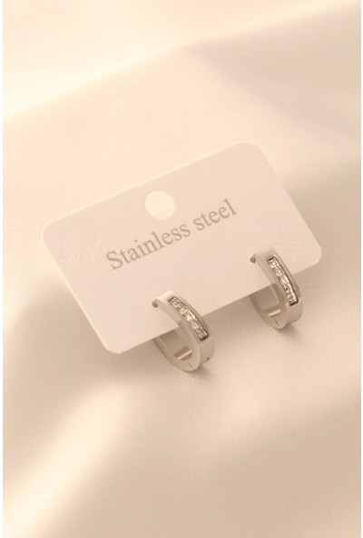 Stainless Steel Gümüş Renk Zirkon Taş Detay Çelik Kadın Küpe