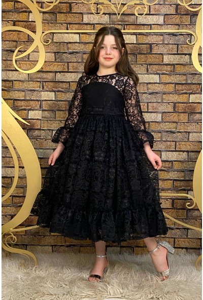 Abiye Kids Siyah Dantelli Çocuk Abiye Garsonboy 10/13 Yaş Arası