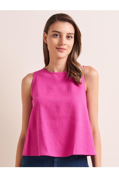 Jimmy Key Kadın Pembe Düz Kesim Bisiklet Yaka Kolsuz Keten Bluz