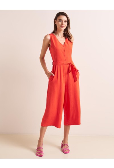 Jimmy Key Kadın Turuncu Düz Kesim V Yaka Beli Bağlamalı Bol Paça Keten Tulum Jimmy Key Kadın Turuncu Düz Kesim V Yaka Beli Bağlamalı Bol Paça Keten Tulum