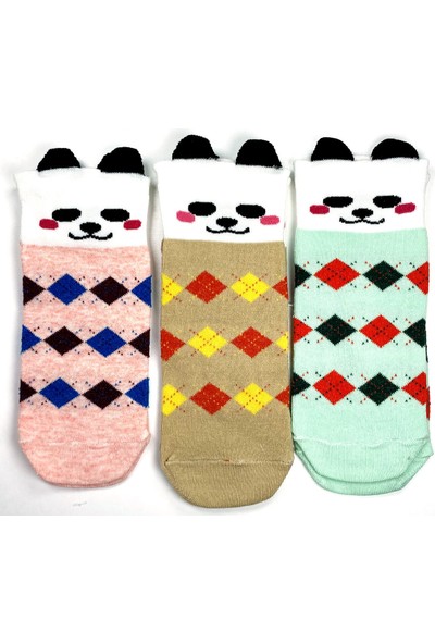 Petmudo 3 Çift Köpek Temalı 3 Boyutlu Kulaklı Pamuk Ekose Kadın Bilek Çorap