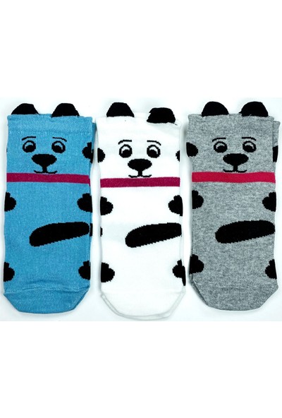 Petmudo 3 Çift Köpek Temalı 3 Boyutlu Kulaklı Pamuklu Yumuşak Kadın Bilek Çorap