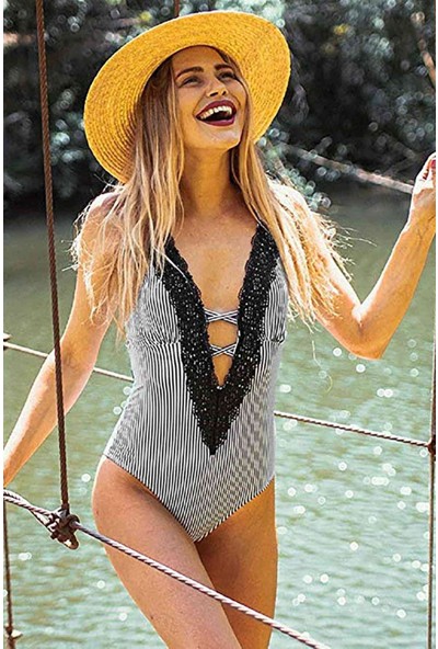 Markafon Dantel Işlemeli Siyah Beyaz Mayo Markafon Dantel Işlemeli Siyah Beyaz Mayo