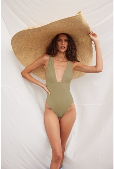 Vatkalı Sırt Dekolteli Bodysuit Haki