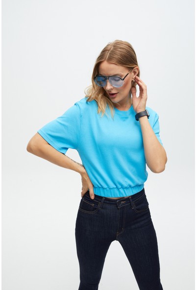 Zomers Kadın Beli Lastikli %100 Pamuk Crop Tshirt