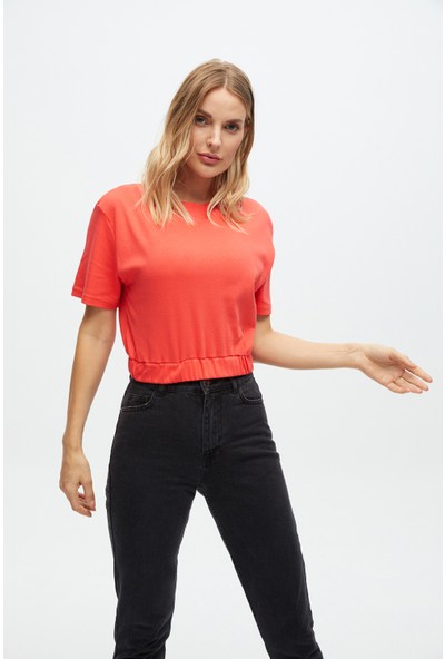 Zomers Kadın Beli Lastikli %100 Pamuk Crop Tshirt