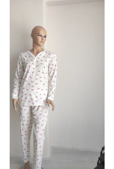 Lila İç Giyim Uzun Kollu Kadın Pamuklu Gül Desenli Büyük Beden Anne Hastahane %100 Pamuk Pijama Takımı