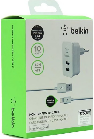 Belkin Çift Çıkışlı Ev Şarj Cihazı 2.1 Amper + Lightning Kablo Belkin Çift Çıkışlı Ev Şarj Cihazı 2.1 Amper + Lightning Kablo