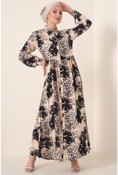Gömlek Yaka Desenli Tesettür Elbise/siyah Gömlek Yaka Desenli Tesettür Elbise/siyah