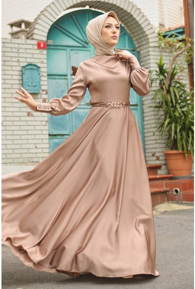 Zincir Kemer Detaylı Tesettür Abiye/koyu Vizon