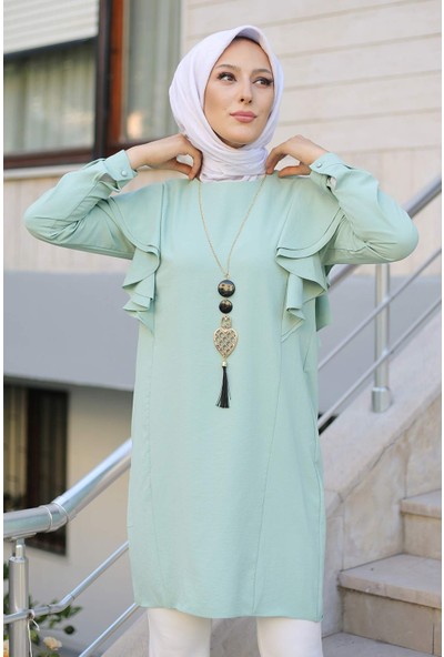 Omuz Fırfır Detaylı Kolyeli Tesettür Tunik/mint