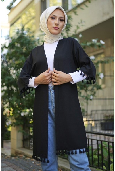 İmaj Butik Püskül Detaylı Kimono/siyah