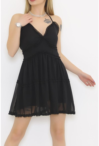 Çapraz Askılı Şifon Elbise Siyah