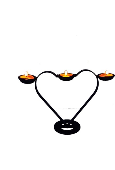 Bundera Kalp Siyah Dekoratif Mumluk Şamdan Mumluk Tealight Mum Dahil Ferforje 3 Lü Mumluk