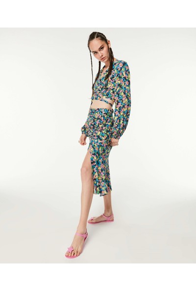 Twist Çiçek Desen Midi Etek