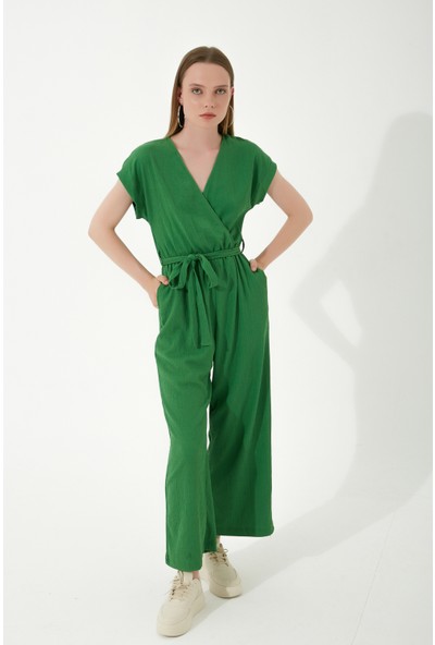 Açelya Kadın Kruvaze Yaka Bel Bağcıklı Cep Detaylı Tulum