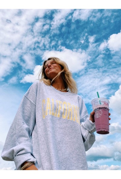 Laluvia Kadın Gri California Baskılı Oversize Sweatshirt