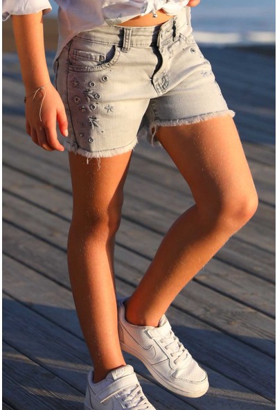 Escabel Kız Çocuk Şort Kuş Gözü Aksesuarlı Gri (5-16 Yaş)