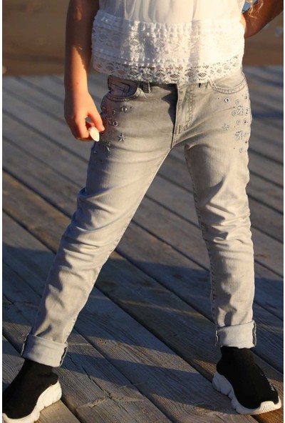 Escabel Kız Çocuk Kot Pantolon Kuş Gözü Aksesuarlı Gri (9-16 Yaş)