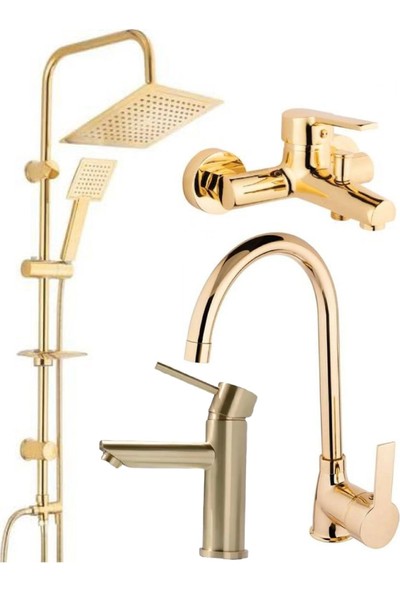 Elmina Armatür Gold Altın Kare Robot Seti, Banyo, Mutfak Eviye, Kartal Lavabo Bataryası Musluğu 4'lü Set Elmina Armatür Gold Altın Kare Robot Seti, Banyo, Mutfak Eviye, Kartal Lavabo Bataryası Musluğu 4'lü Set