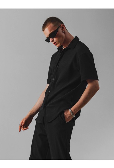 Polo Yaka Dokulu Gömlek Takım Siyah
