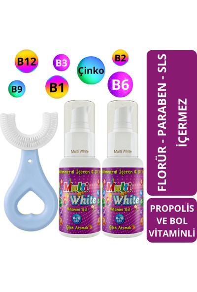 Multi White Multivitaminli Çilek Aromalı Çocuk Diş Macunu 50 ml X2 ve U Şeklinde Diş Fırçası Mavi Multi White Multivitaminli Çilek Aromalı Çocuk Diş Macunu 50 ml X2 ve U Şeklinde Diş Fırçası Mavi