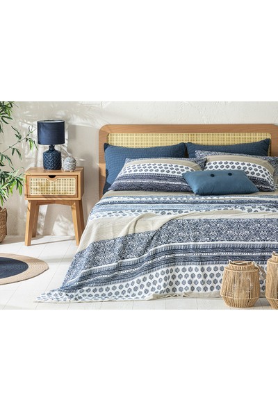 English Home Ancient Lines Baskılı Çift Kişilik Pike Takımı 200X220 cm Indigo-Antik Bej