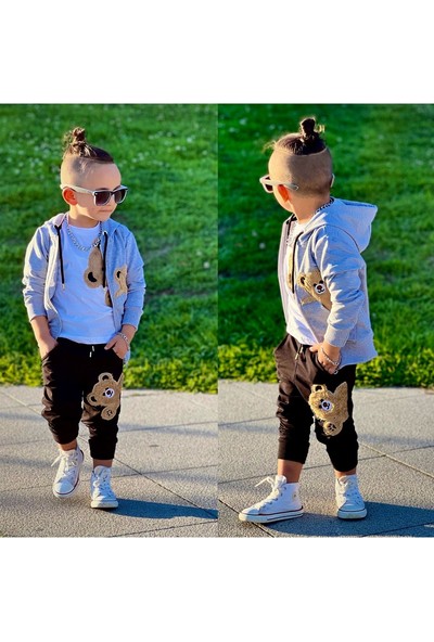 BY Asaf Kids Erkek Çocuk Ayıcıklı 3 Lü Takım Gri