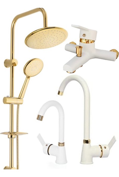 Elmina Armatür Altın Gold Robot Set Beyaz Gold Banyo Lavabo Mutfak Eviye Musluğu Bataryası 4lü Set Elmina Armatür Altın Gold Robot Set Beyaz Gold Banyo Lavabo Mutfak Eviye Musluğu Bataryası 4lü Set